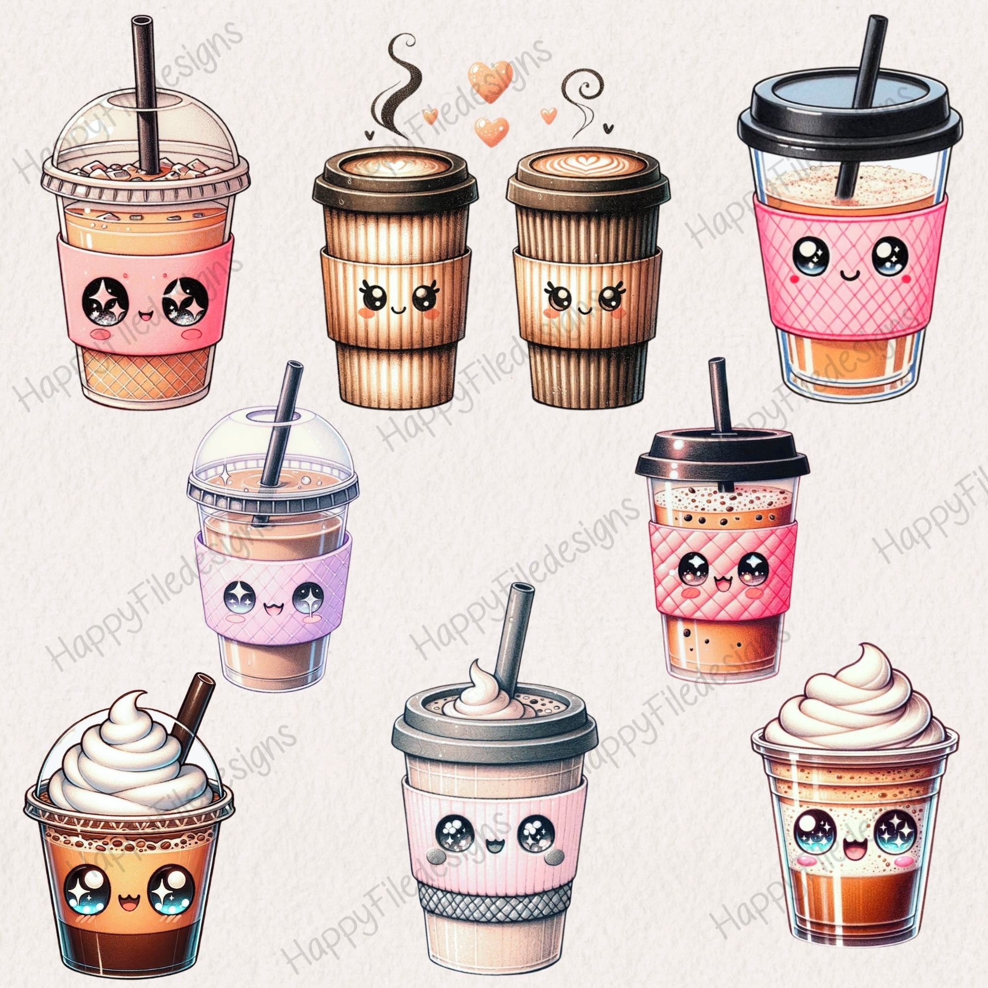 Watercolor Kawaii Coffee Clipart, Cute Coffee Love, Cute Adorable ...