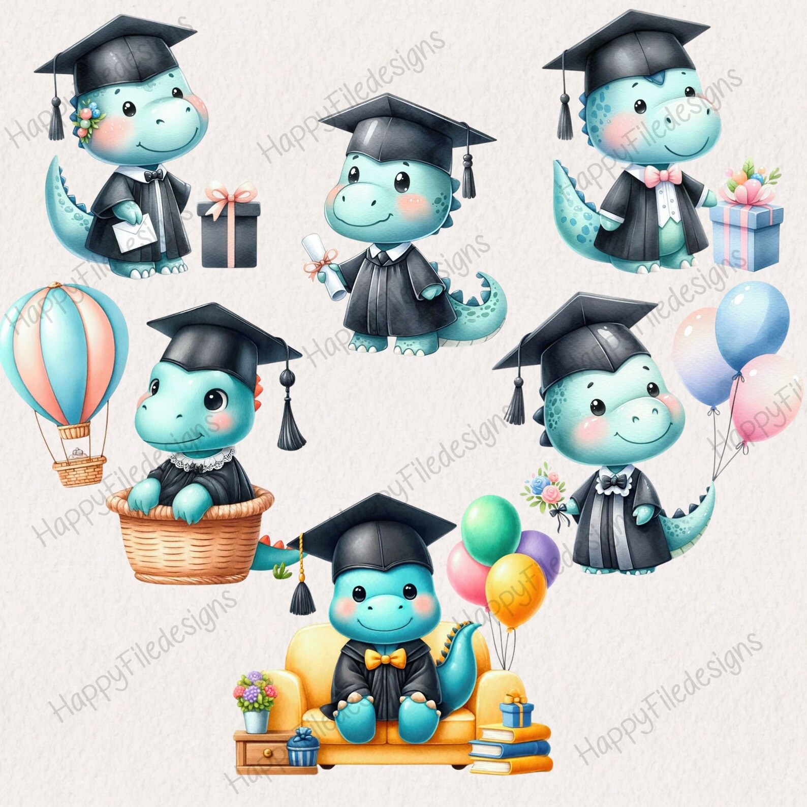 Watercolor Graduation Dinosaur Clipart, Cute Dinosaur PNG, Preschool ...