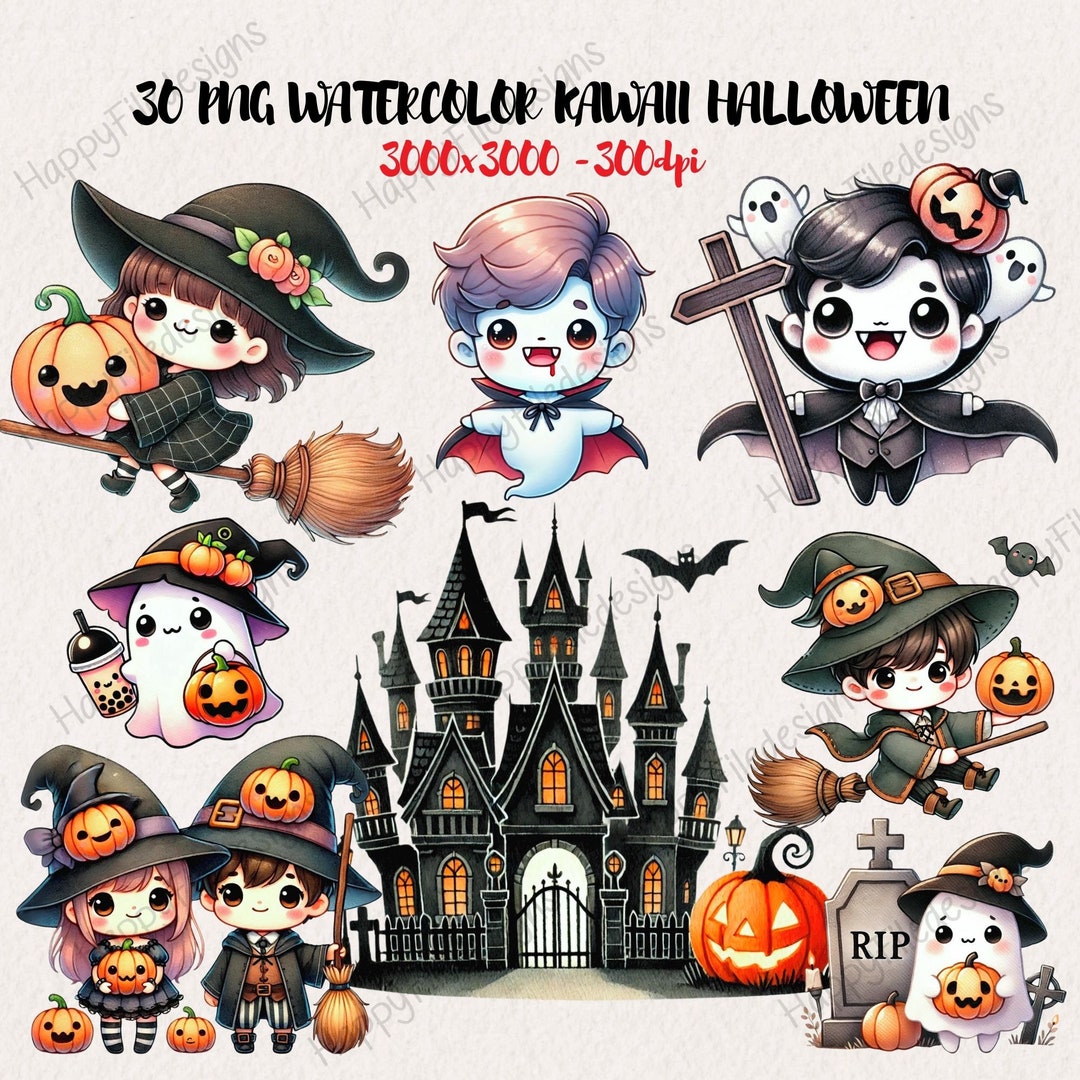 Watercolor Cute Kawaii Halloween Clipart, Cute Halloween Graphics and ...