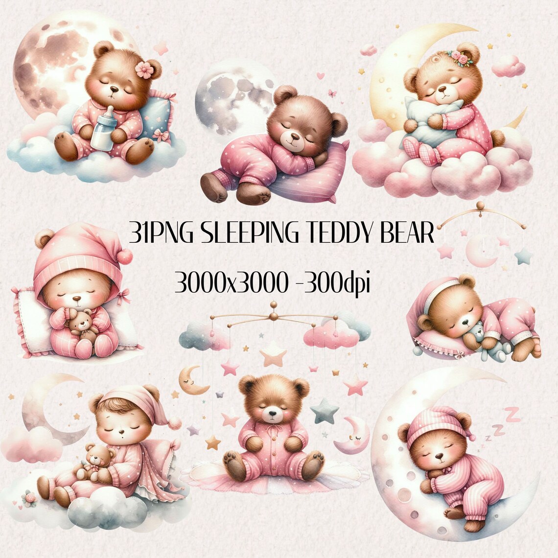 Watercolor Sleeping Teddy Bear Clipart, Pink Sleepy Teddy Bear Clipart ...