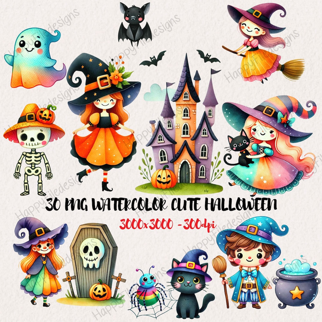 Watercolor Cute Halloween Clipart, Cute Halloween Graphics and Decor ...