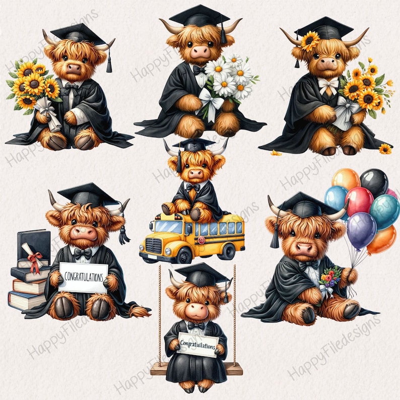 Watercolor Graduation Highland Cow Clipart: Nursery PNG Set - Etsy