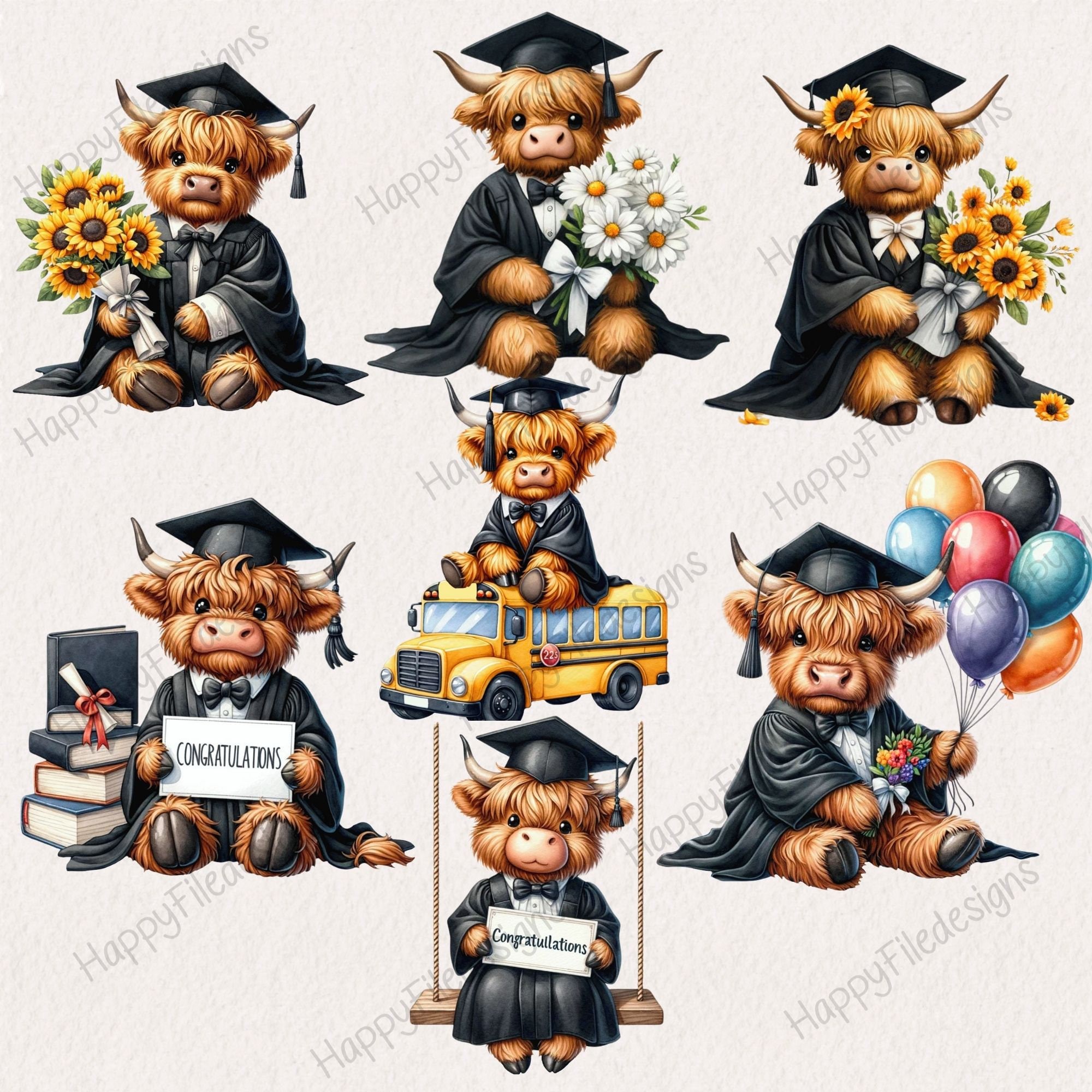 Watercolor Graduation Highland Cow Clipart: Nursery PNG Set - Etsy