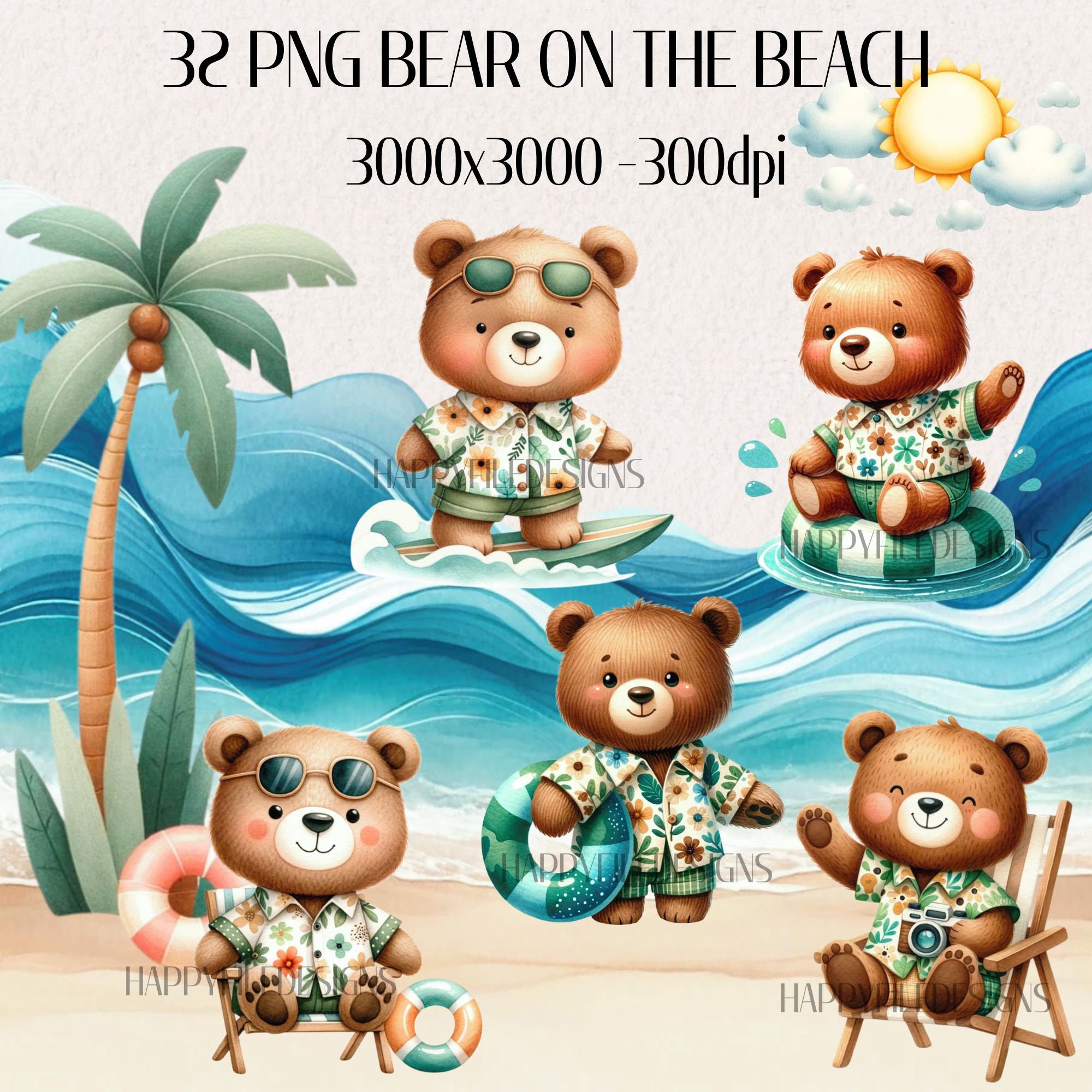 Watercolor Summer Bear Clipart, Baby Bear Clipart, Beach Bear PNG, Cute ...