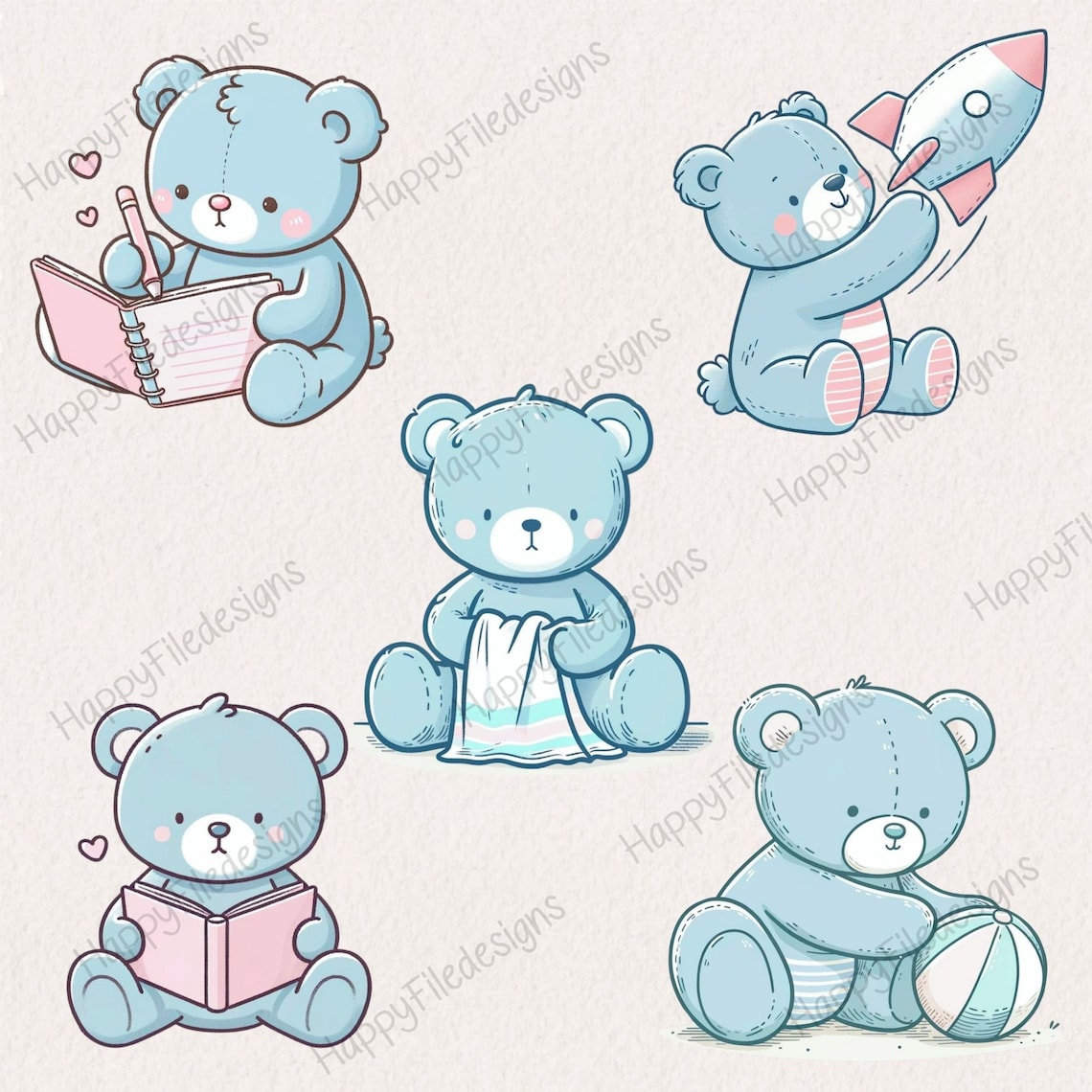 20 Teddy Bear Clipart for Boy, Watercolor Baby Shower Clipart, Bear ...