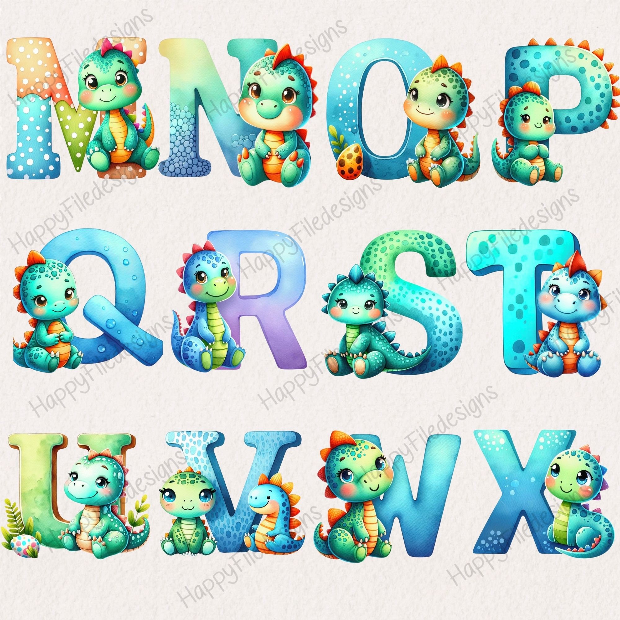 Watercolor Dinosaur Alphabet Clipart: Baby Dino Letters PNG (digital ...