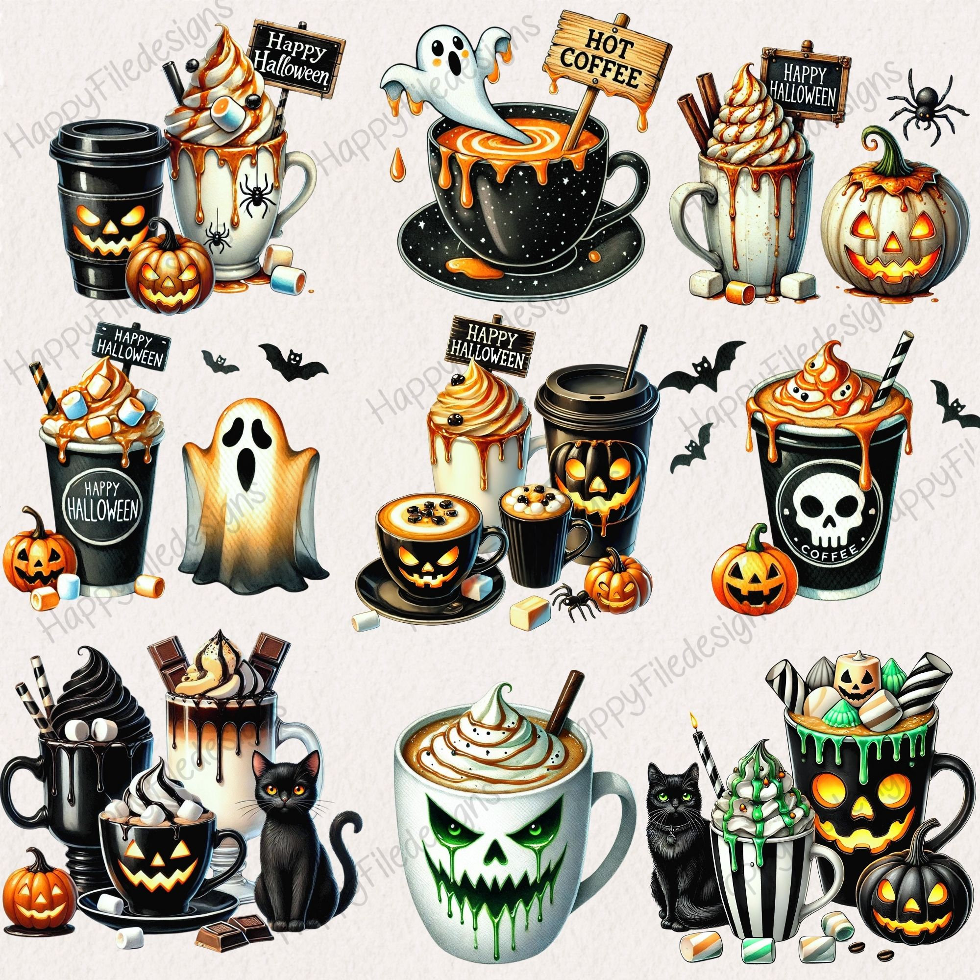 Halloween Coffee Cup Clipart, Scary Gothic Watercolor Hot Coffee Drink ...