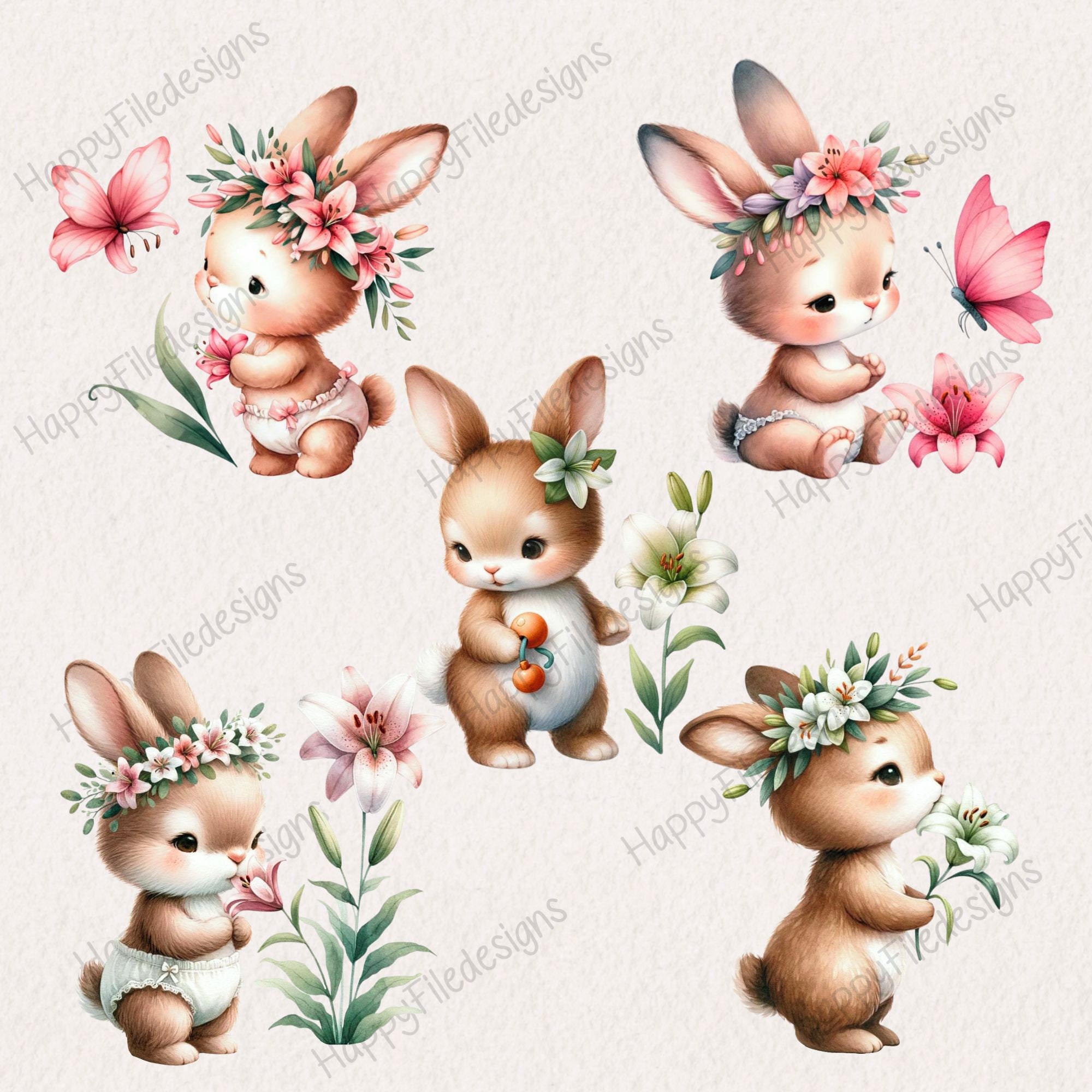 Little Bunny's Garden Watercolor Clipart, Baby Decor Graphics, Flowers ...