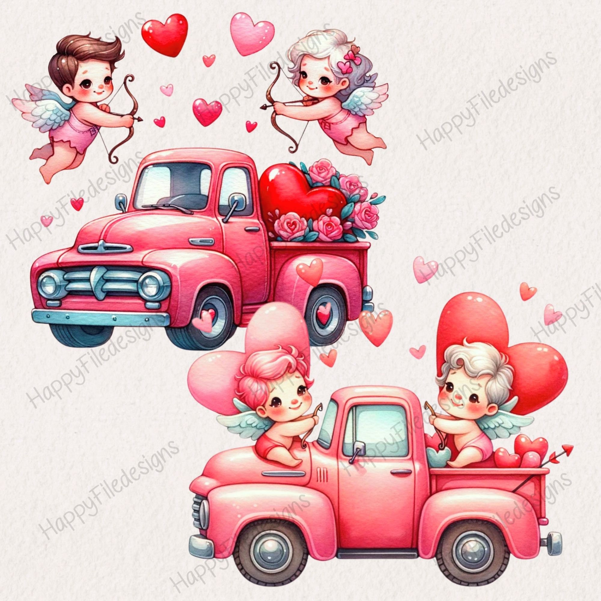 Valentines Truck Watercolor Clipart, Vintage Pink Truck, Wedding ...