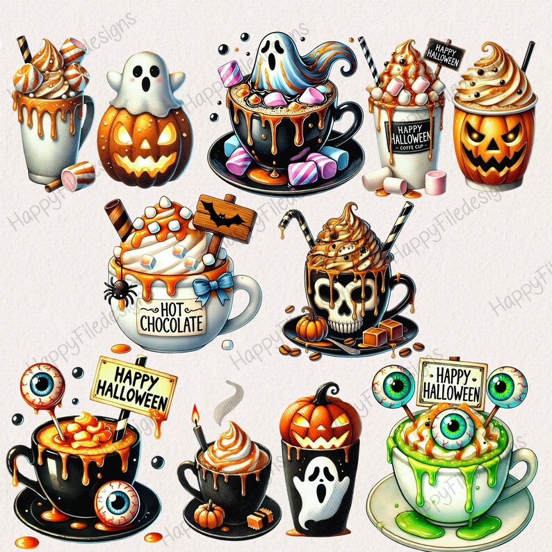 Halloween Coffee Cup Clipart, Scary Gothic Watercolor Hot Coffee Drink ...