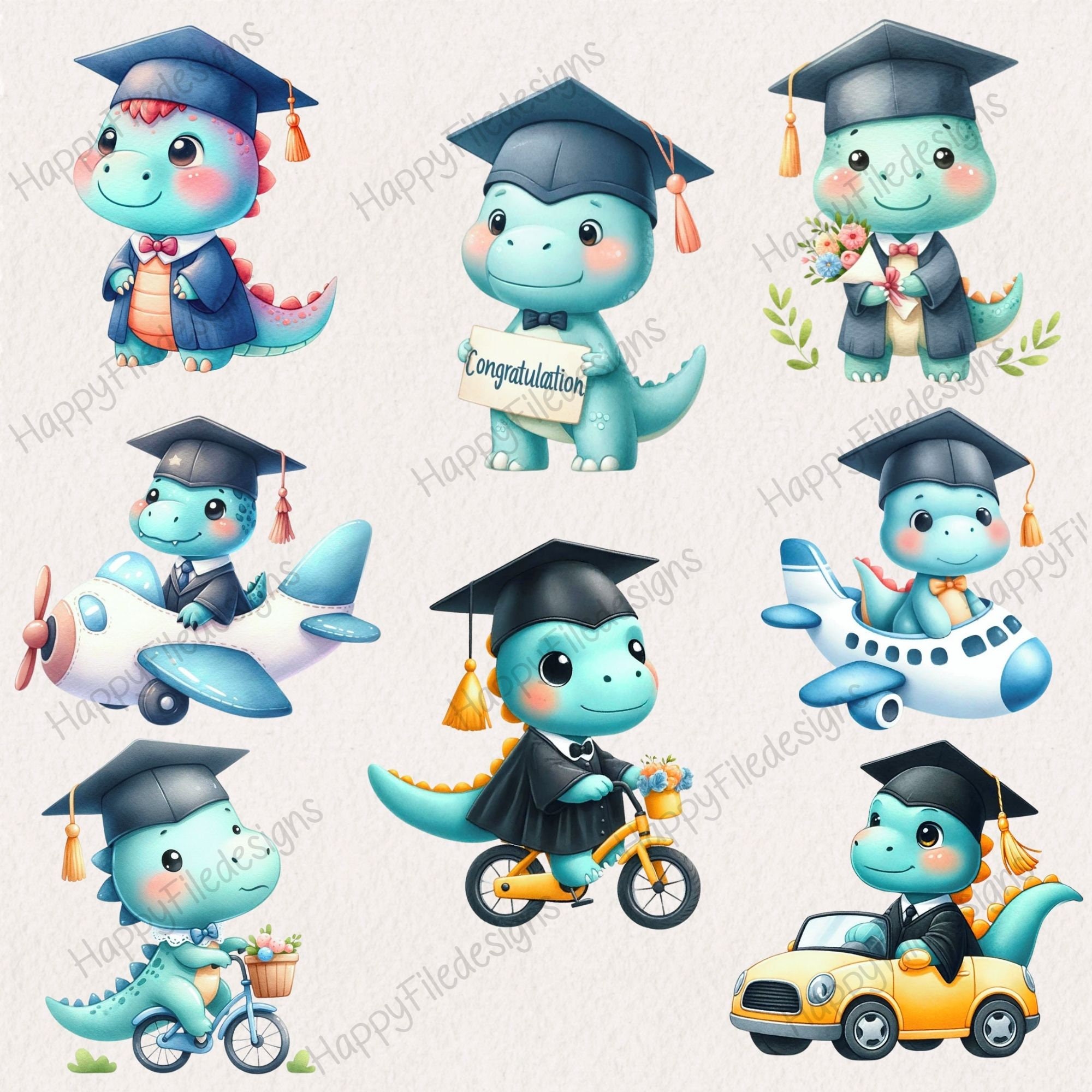 Watercolor Graduation Dinosaur Clipart, Cute Dinosaur PNG, Preschool ...