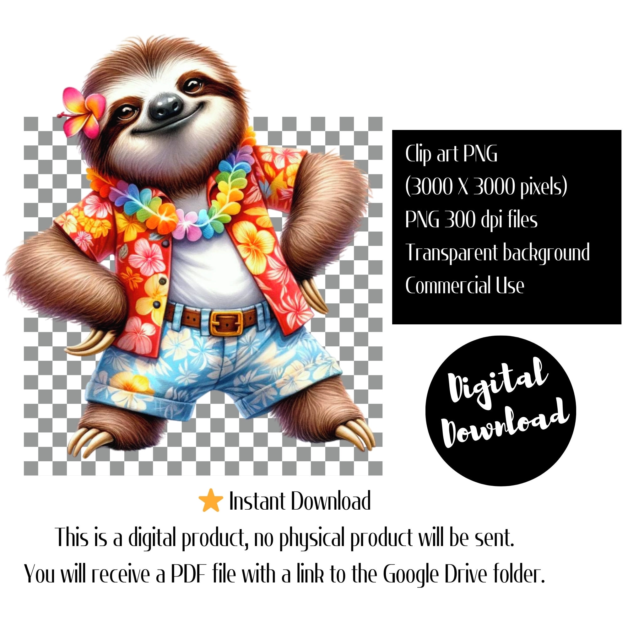 Summer Sloth Clipart, Sloths Hawaiian Watercolor Clipart, Hawaiian PNG ...