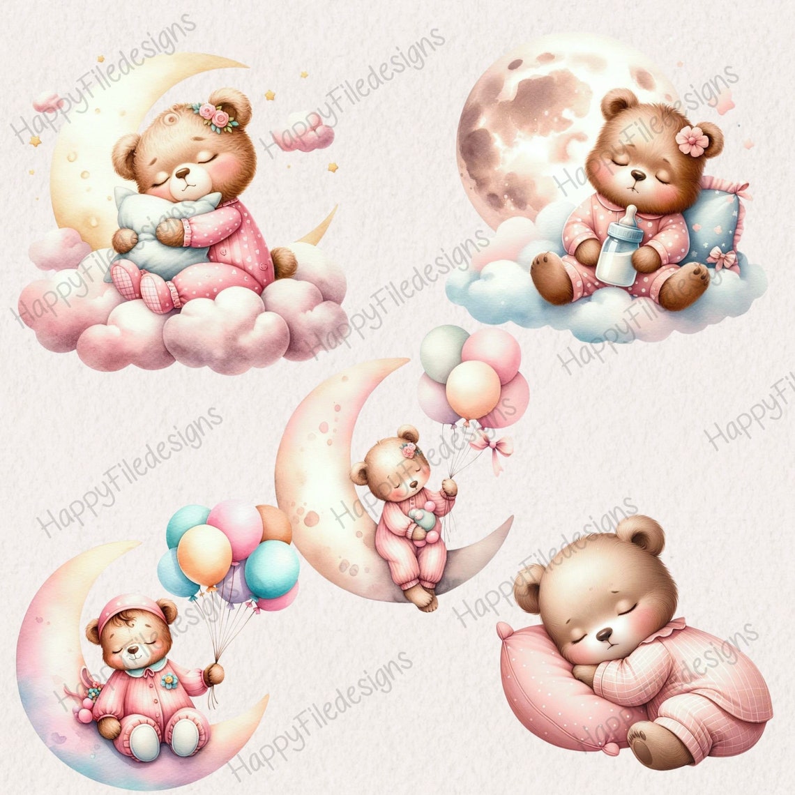 Watercolor Sleeping Teddy Bear Clipart, Pink Sleepy Teddy Bear Clipart ...