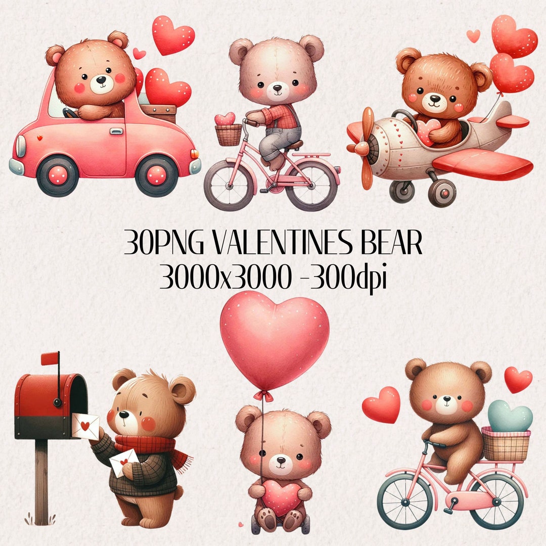 Watercolor Teddy Bear Valentines Clipart: 30 PNG Collection (digital ...