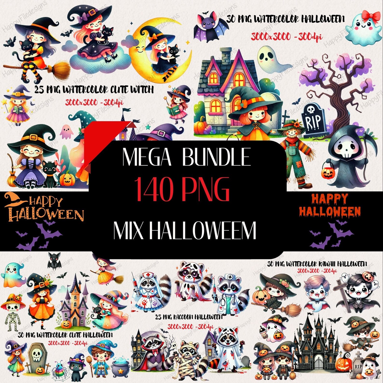 Watercolor Kawaii Ghost Clipart Bundle ,cute Kawaii Halloween Clipart ...