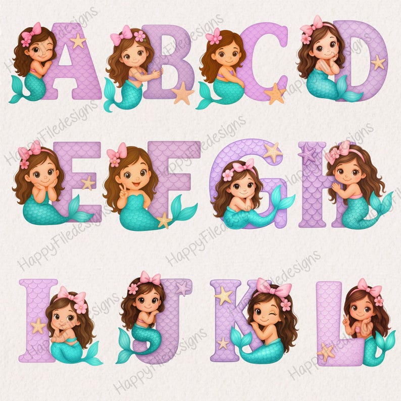 Mermaid Alphabet Clipart: Scales & Numbers, Commercial Use (PNG Files ...