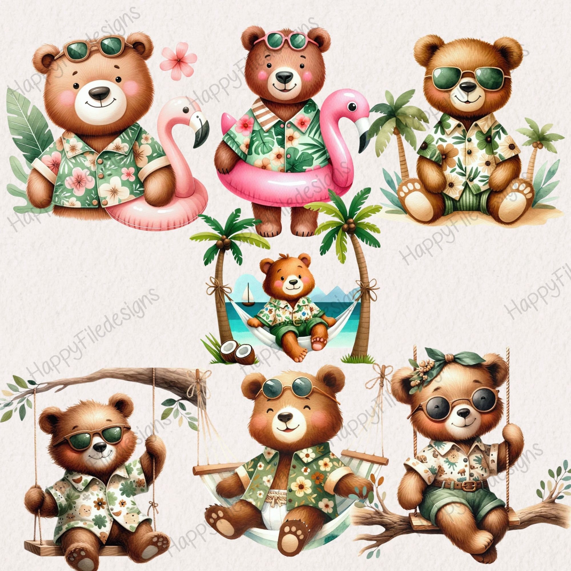 Watercolor Summer Bear Clipart, Baby Bear Clipart, Beach Bear PNG, Cute ...