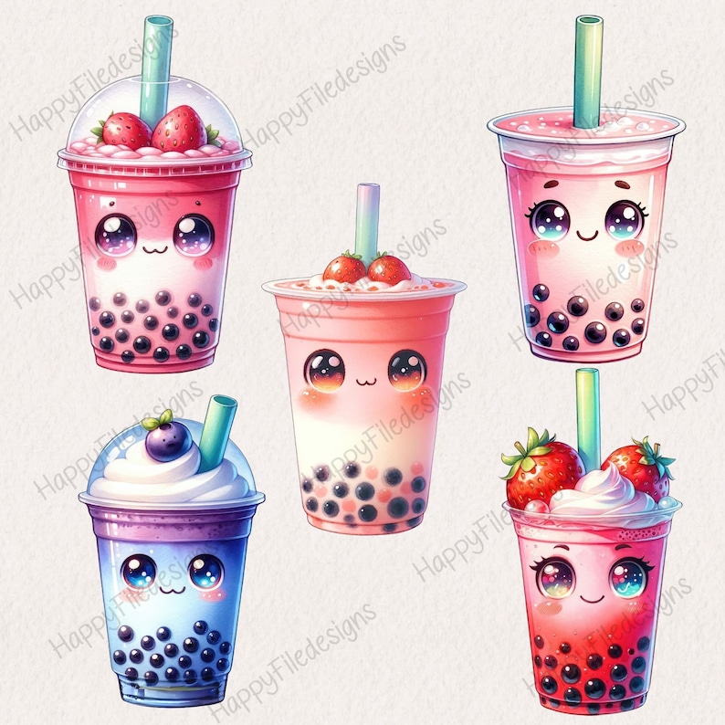 Bubble Tea Kawaii Clipart Set, Cute Bubble Tea Clip Art ,boba Tea ...