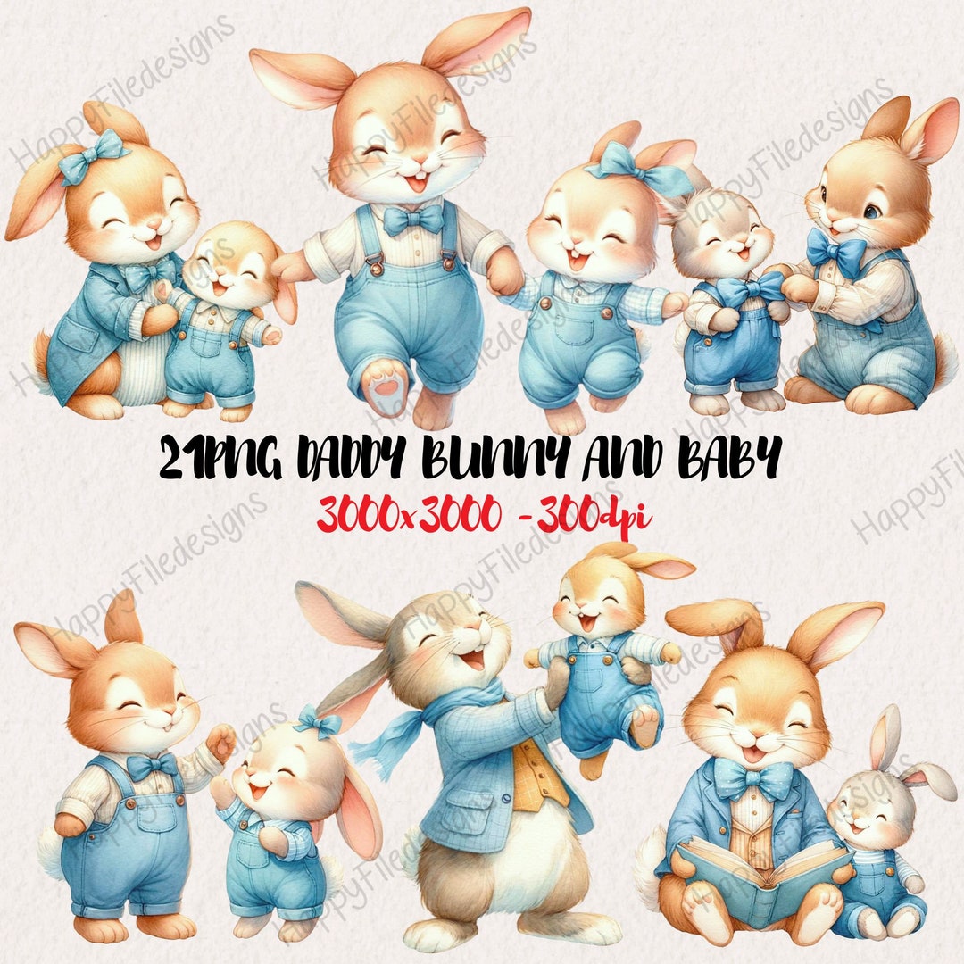 Watercolor Dad Bunny and Baby Clipart, Cute Bunny Clipart, Family ...