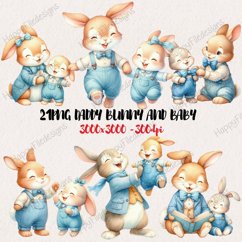 Watercolor Dad Bunny and Baby Clipart, Cute Bunny Clipart, Family ...
