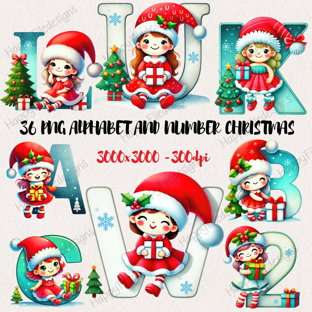 Christmas Alphabet Numbers Clipart, Watercolor Girl Santa (PNG Files ...