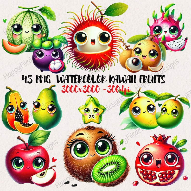 Watercolor Kawaii Fruits Clipart, Cute Fruit PNG Bundle, Cute Cartoon ...