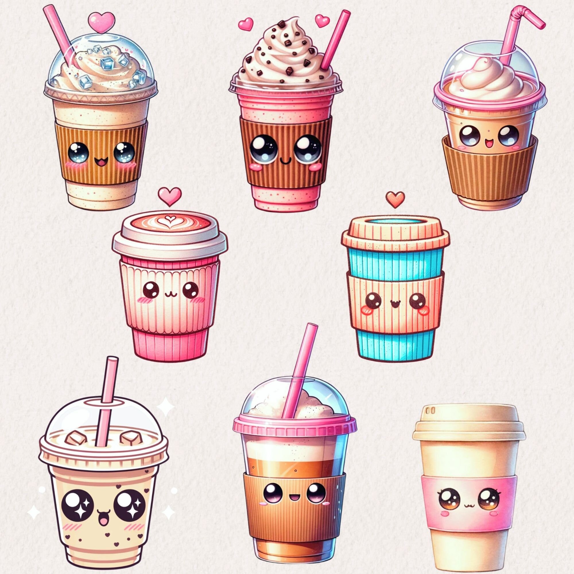 Watercolor Kawaii Coffee Clipart, Cute Coffee Love, Cute Adorable ...