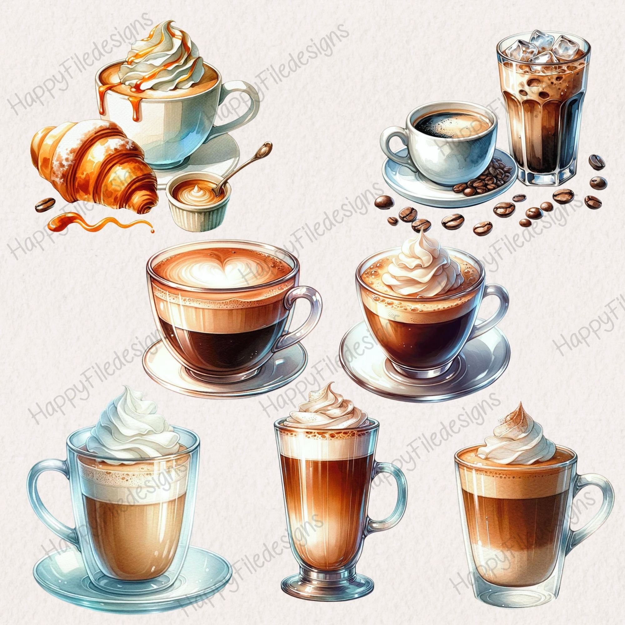 Watercolor Coffee Clipart, Latte Coffee Cups Png Design Download ...