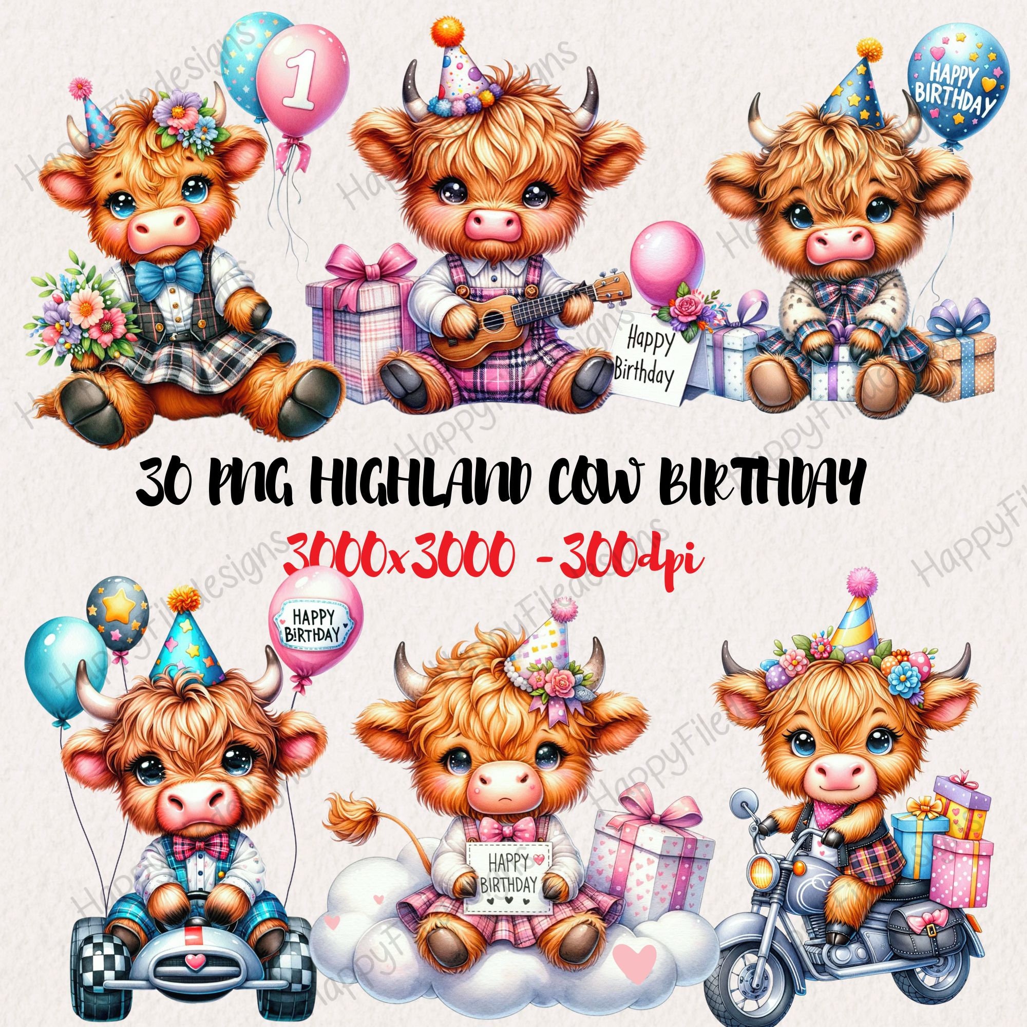 Cute Highland Cow Birthday Party Clipart, Baby Highland Cow PNG, Cute ...