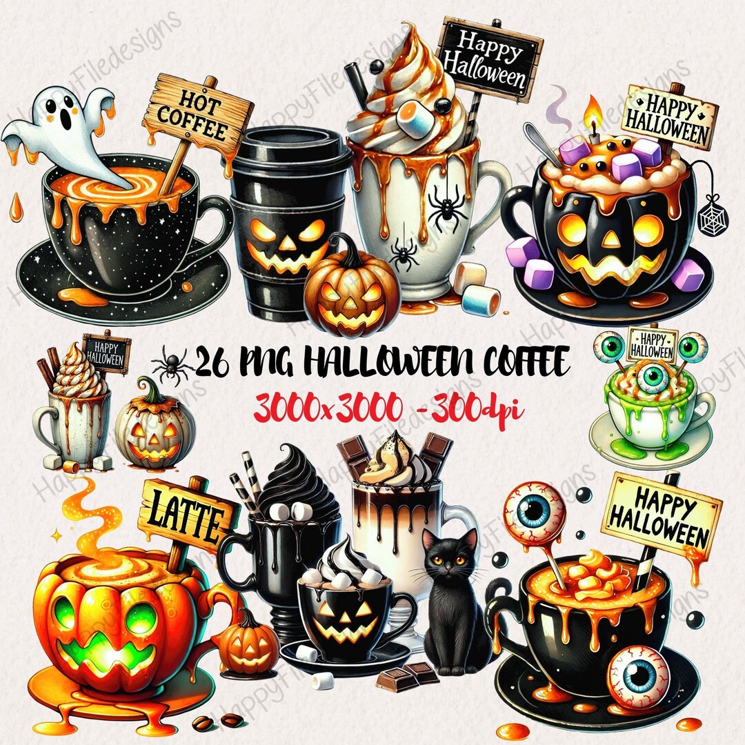 Halloween Coffee Cup Clipart, Scary Gothic Watercolor Hot Coffee Drink ...
