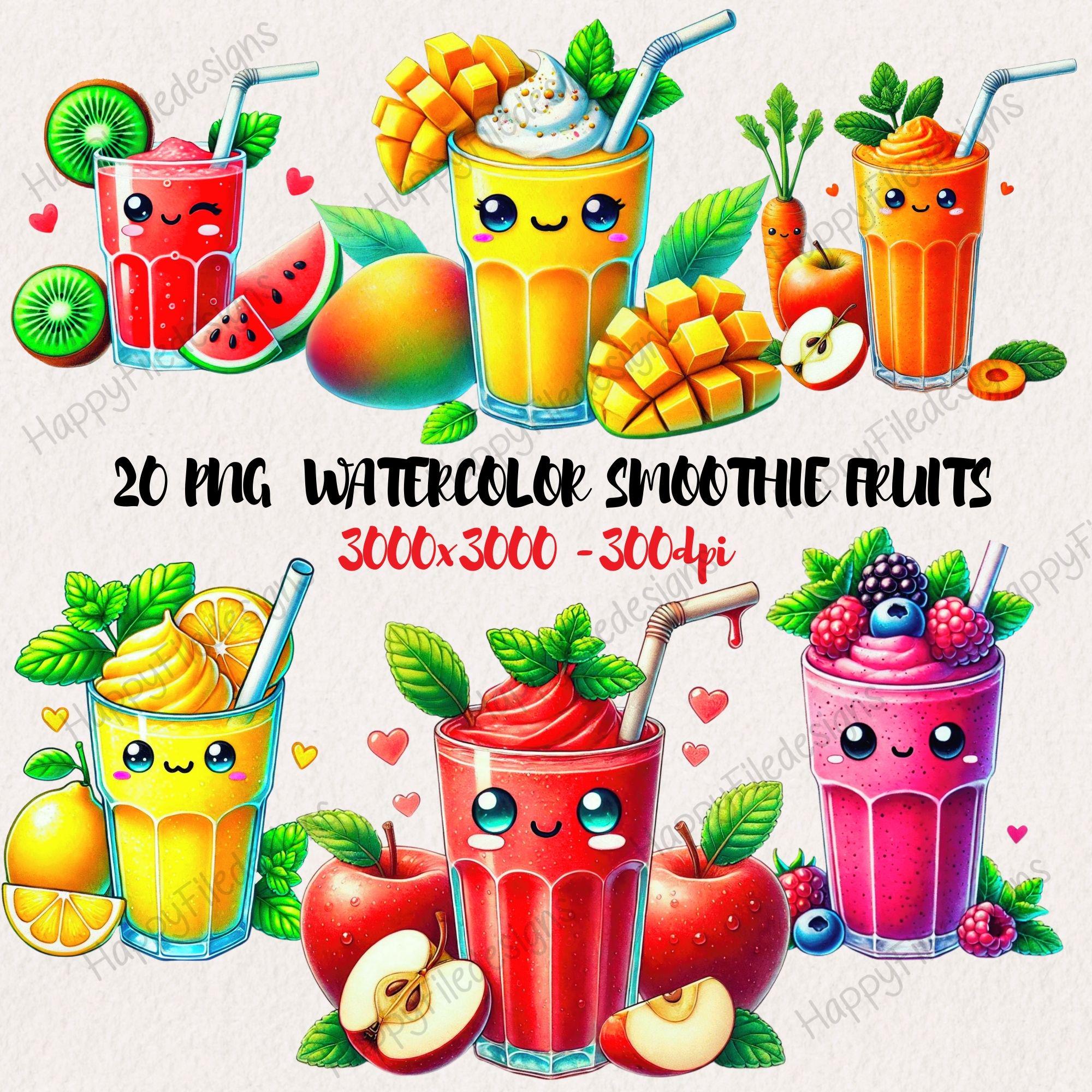 Watercolor Kawaii Fruits Smoothie Clip Art, Smoothies PNG, Summer Fruit ...