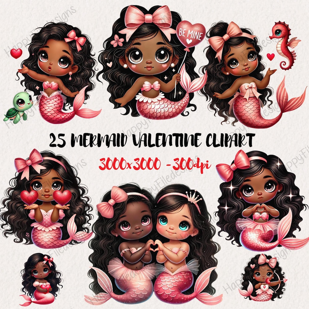 African American Mermaid Valentine Clipart: Kawaii PNG Bundle (digital ...