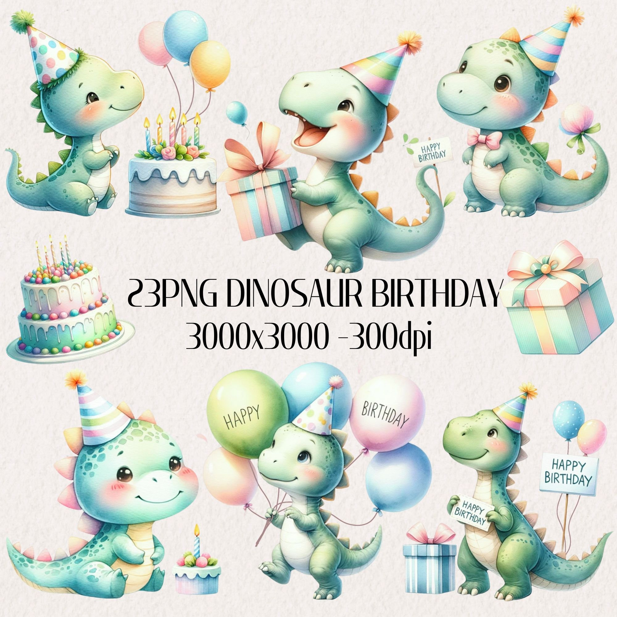 Cute Watercolor Dinosaur Birthday Clipart, Dinosaur Birthday Party ...