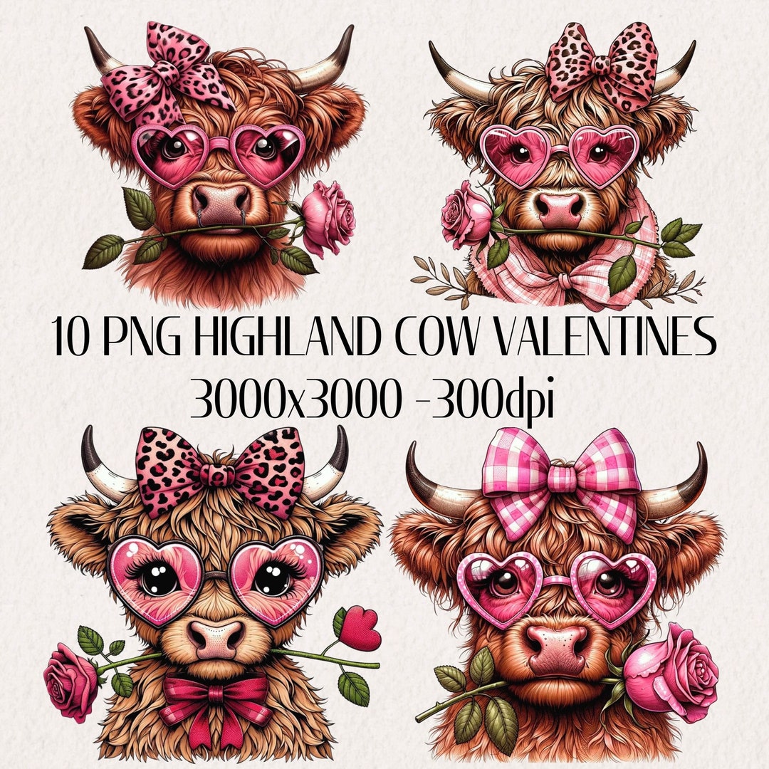 Valentines Day Highland Cows Clipart PNG Bundle, Valentines Day Cow ...
