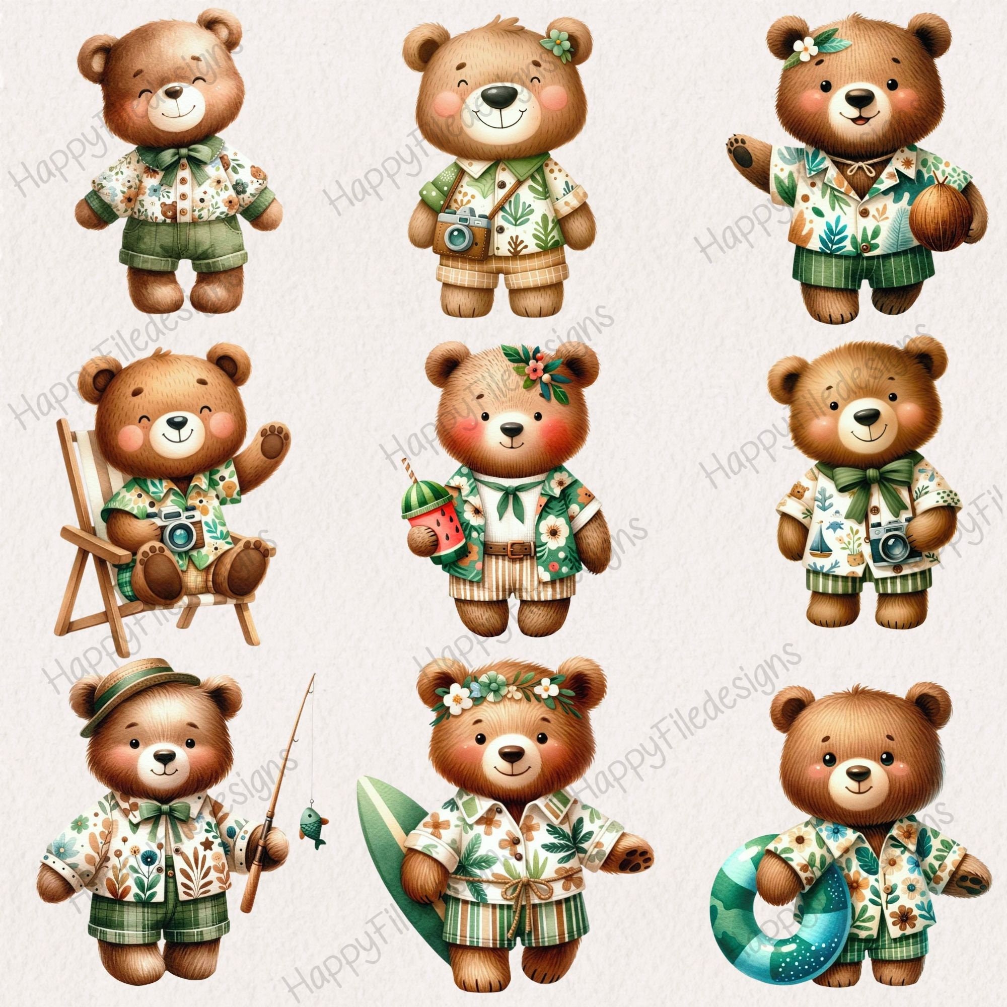 Watercolor Summer Bear Clipart, Baby Bear Clipart, Beach Bear PNG, Cute ...