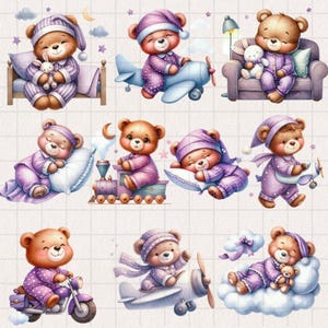 Watercolor Purple Teddy Bears Clipart, Purple Teddy Bear Sleeping ...