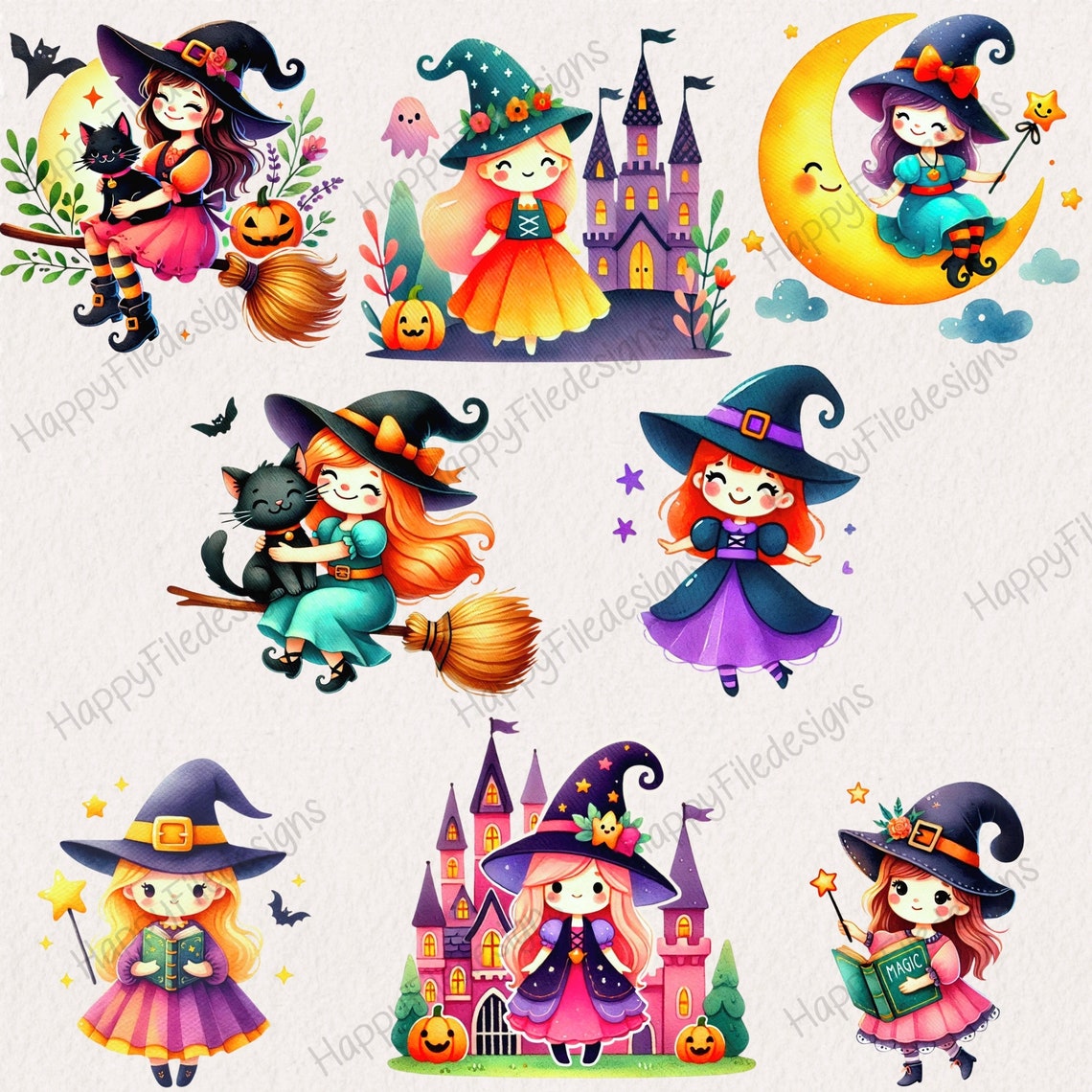 Watercolor Witches Clipart, Cute Witches Clipart, Halloween Witches PNG ...