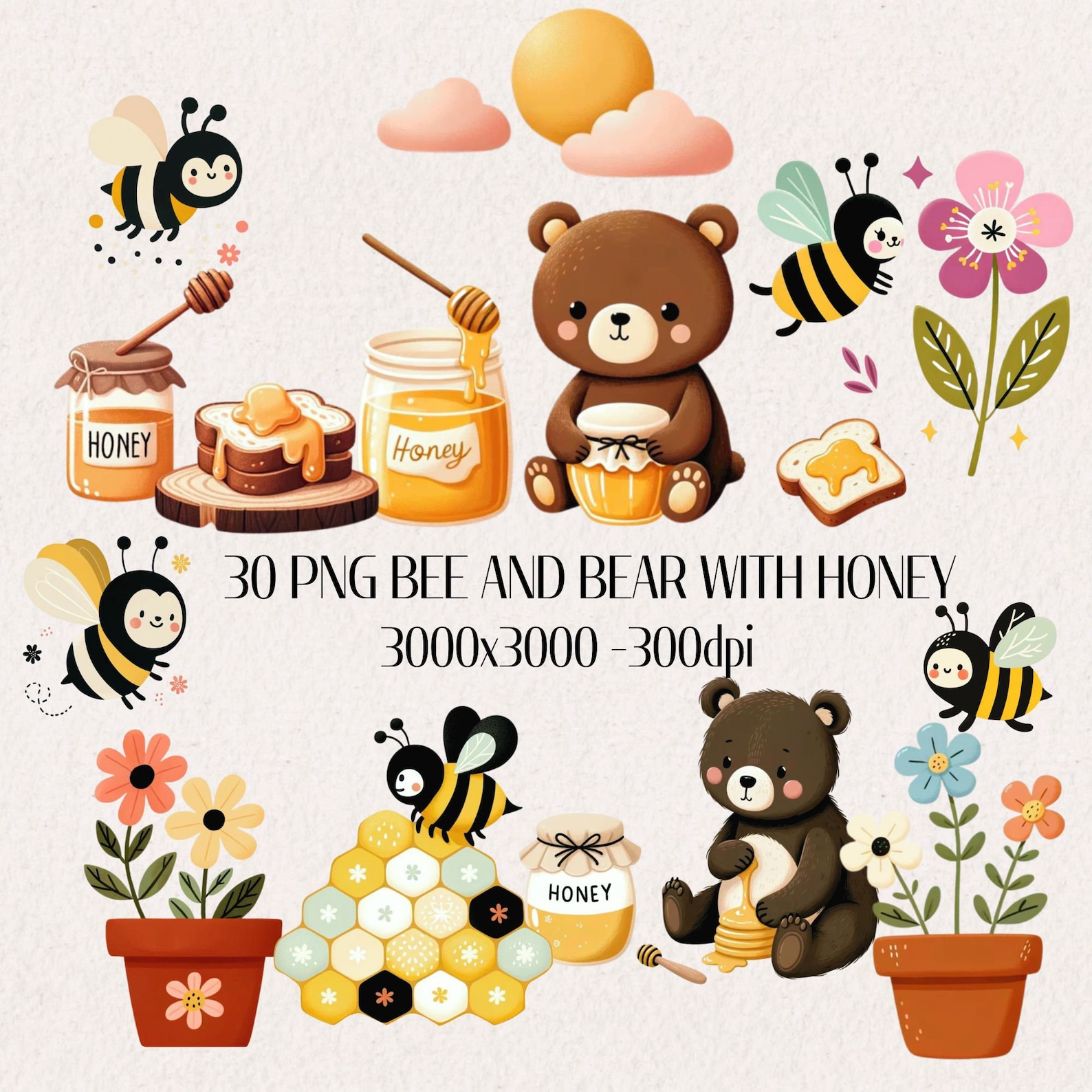 Bee and Bear With Honey Clipart, Bee Bear PNG, Baby Bear Clipart, Honey ...