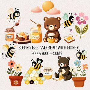 Bee and Bear With Honey Clipart, Bee Bear PNG, Baby Bear Clipart, Honey ...