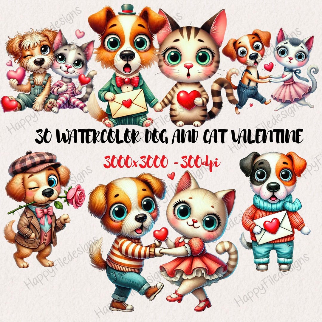 Valentine's Day Cat and Dog Clipart Bundle, Quirky Whimsical, Cute ...