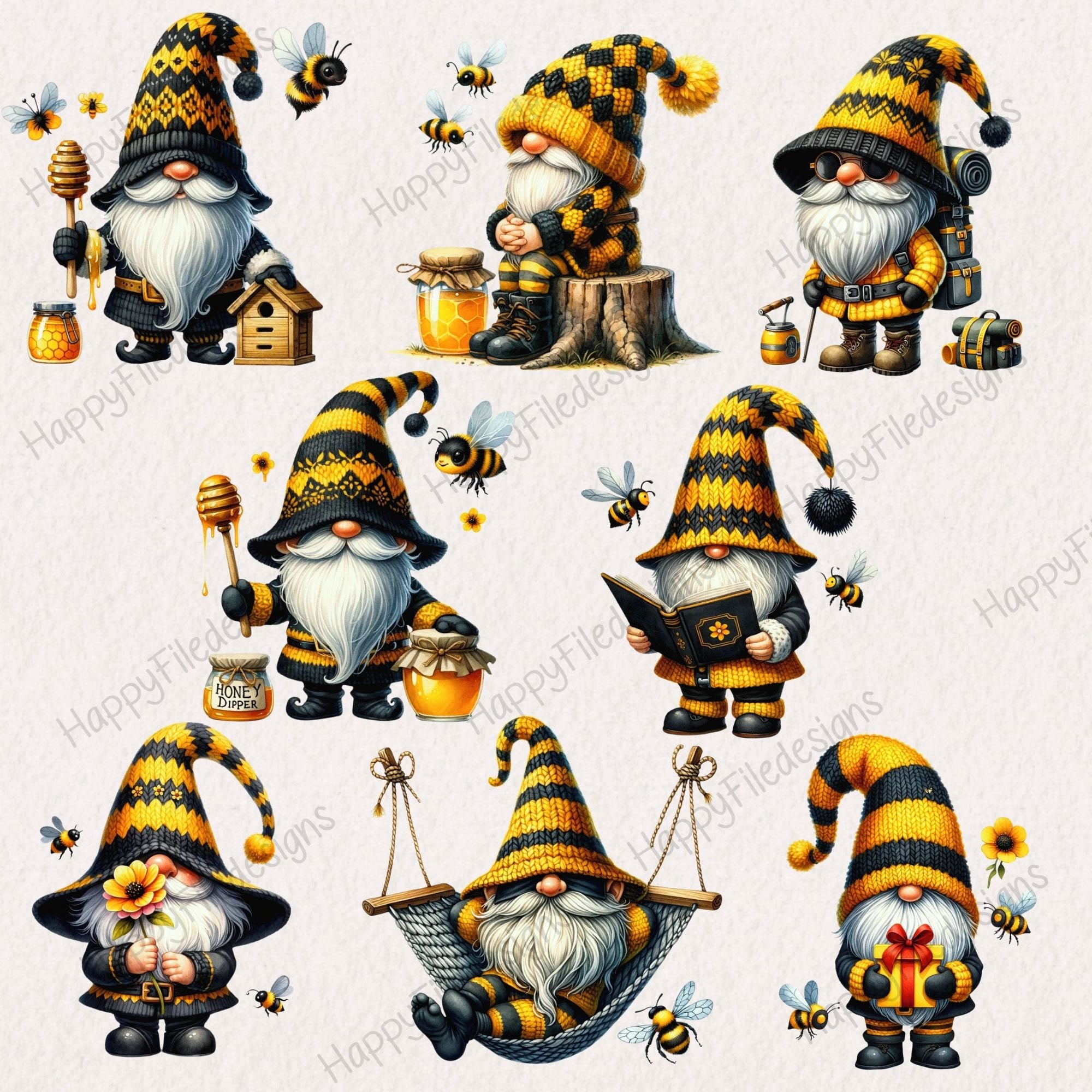 Watercolor Cute Bee Gnome Clipart, Bumble Bee Gnomes PNG Design, Bumble ...