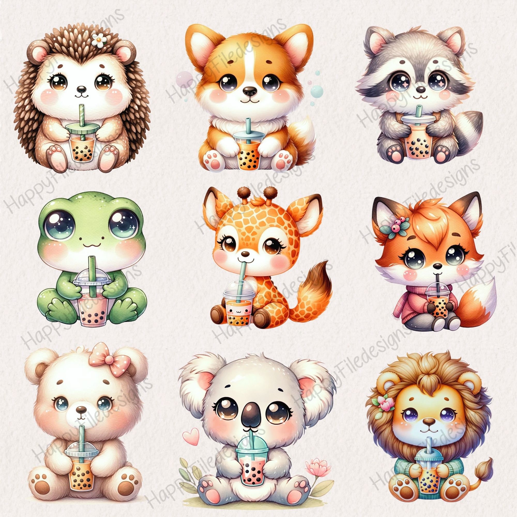 Cute Animals Drink Boba Tea Clipart, Bundle Set Kawaii Animal Cartoon ...