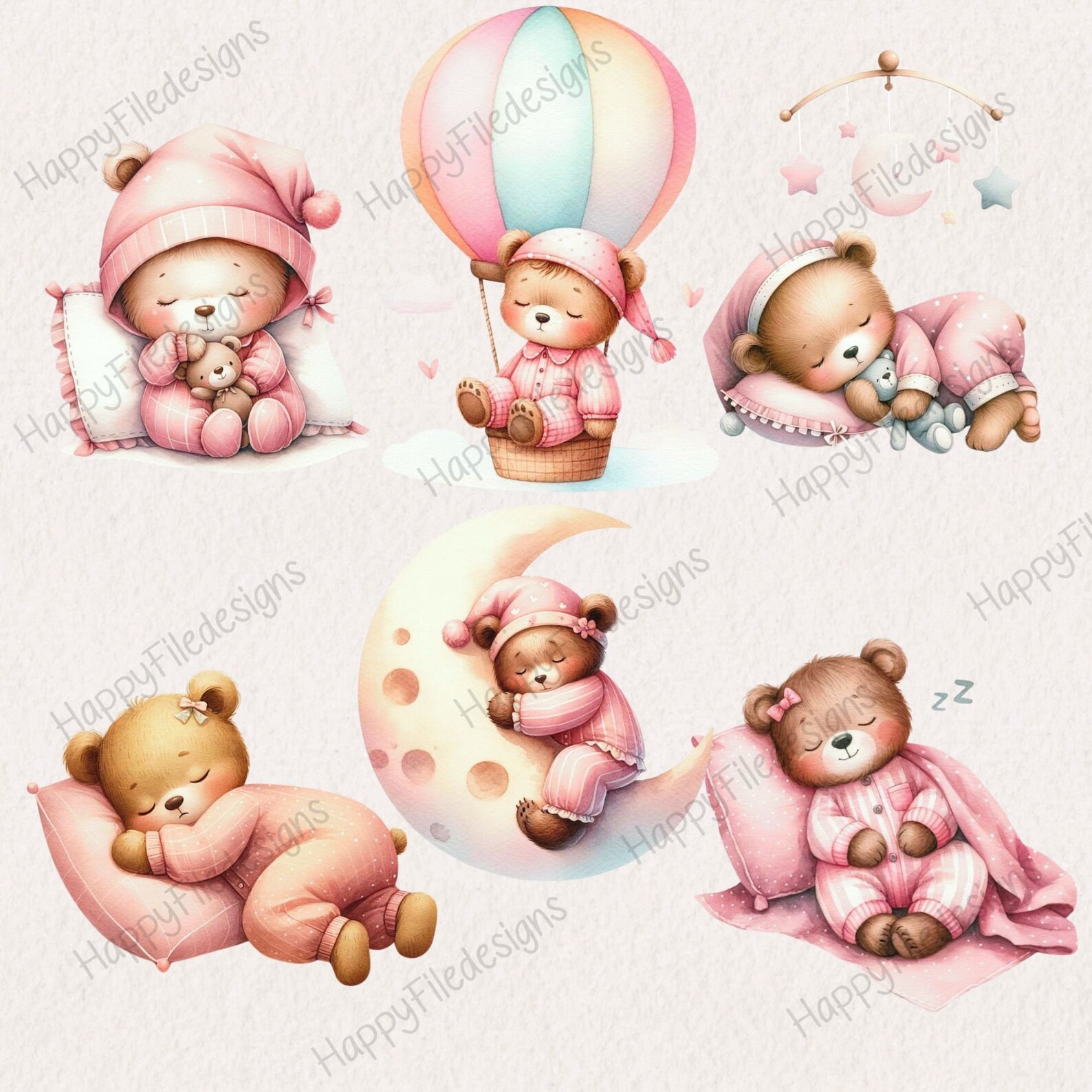 Watercolor Sleeping Teddy Bear Clipart, Pink Sleepy Teddy Bear Clipart ...