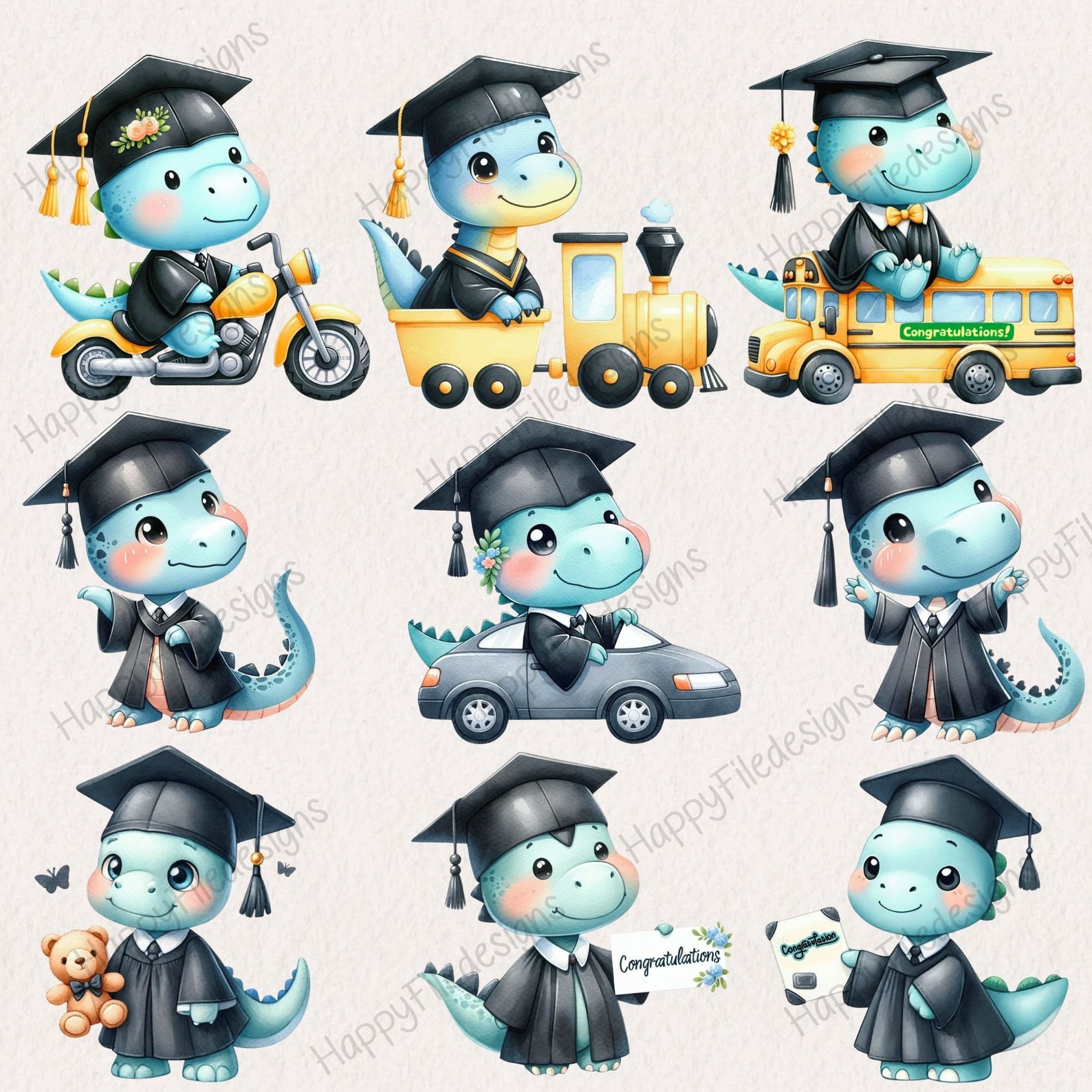 Watercolor Graduation Dinosaur Clipart, Cute Dinosaur PNG, Preschool ...