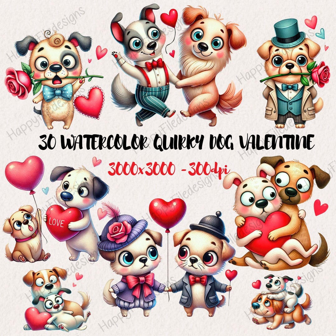 Watercolor Quirky Dog Valentines Clipart, Whimsical Dogs, Valentine's ...