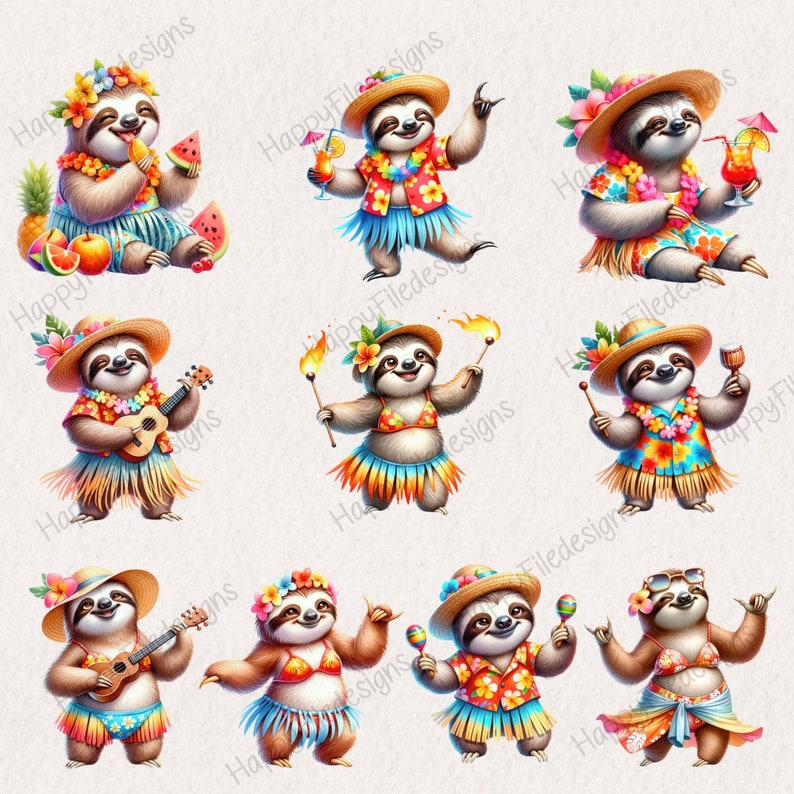 Summer Sloth Clipart, Sloths Hawaiian Watercolor Clipart, Hawaiian PNG ...