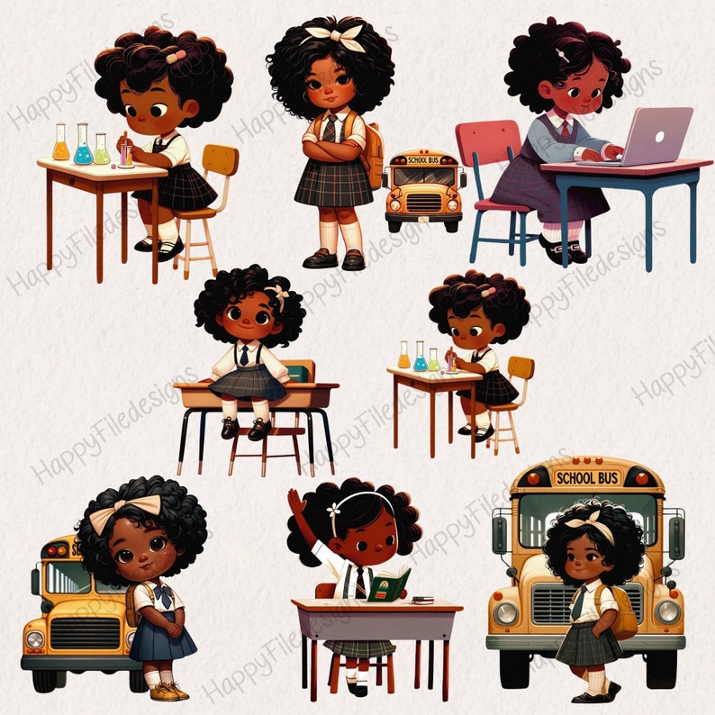 Black Kids Back to School, Preschooler Clipart, Cute Girl at School ...