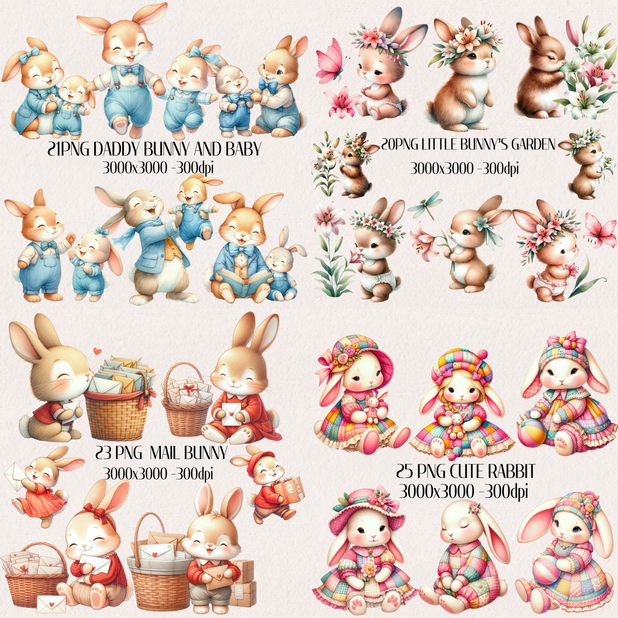 Little Bunny Watercolor Clipart Bundle, Watercolor Bunnies With Flower ...