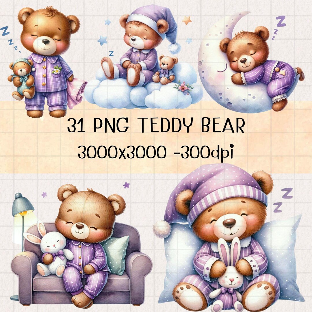 Watercolor Purple Teddy Bears Clipart, Purple Teddy Bear Sleeping ...