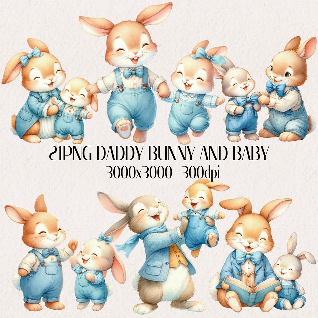 Watercolor Dad Bunny and Baby Clipart, Cute Bunny Clipart, Family ...